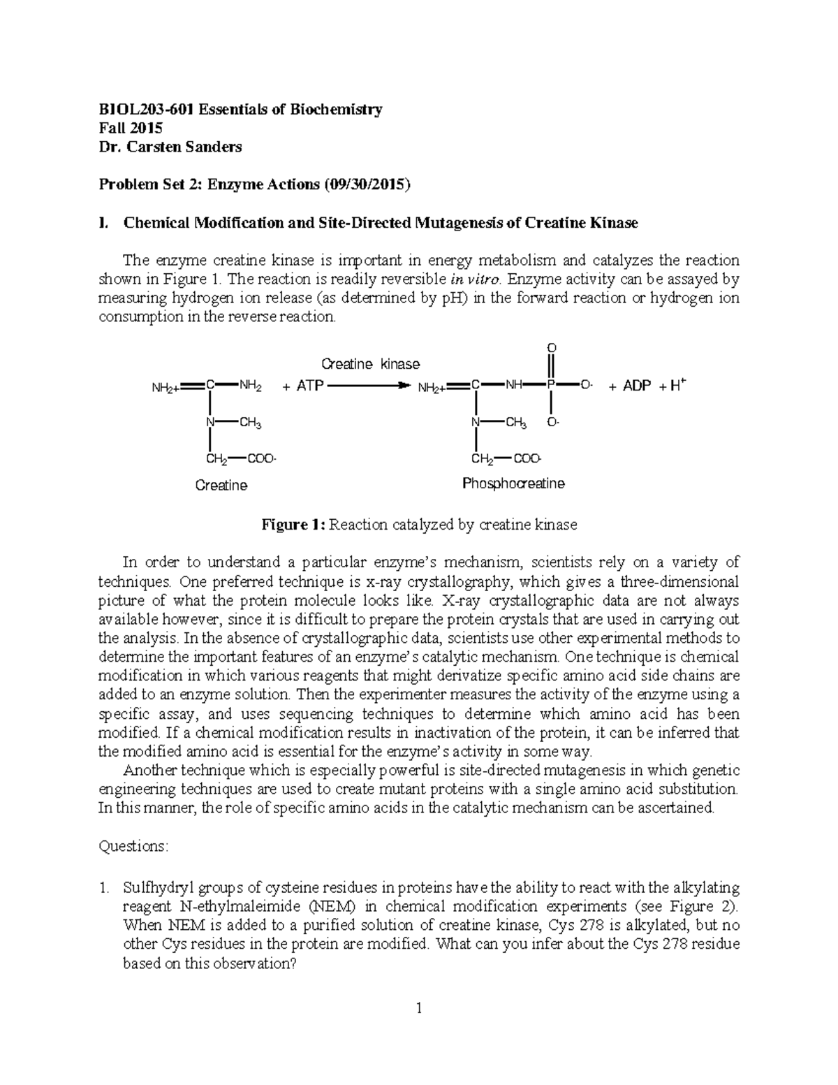 Tutorial work - Problem Set - Enzymes - Essentials of Biochemistry Fall ...