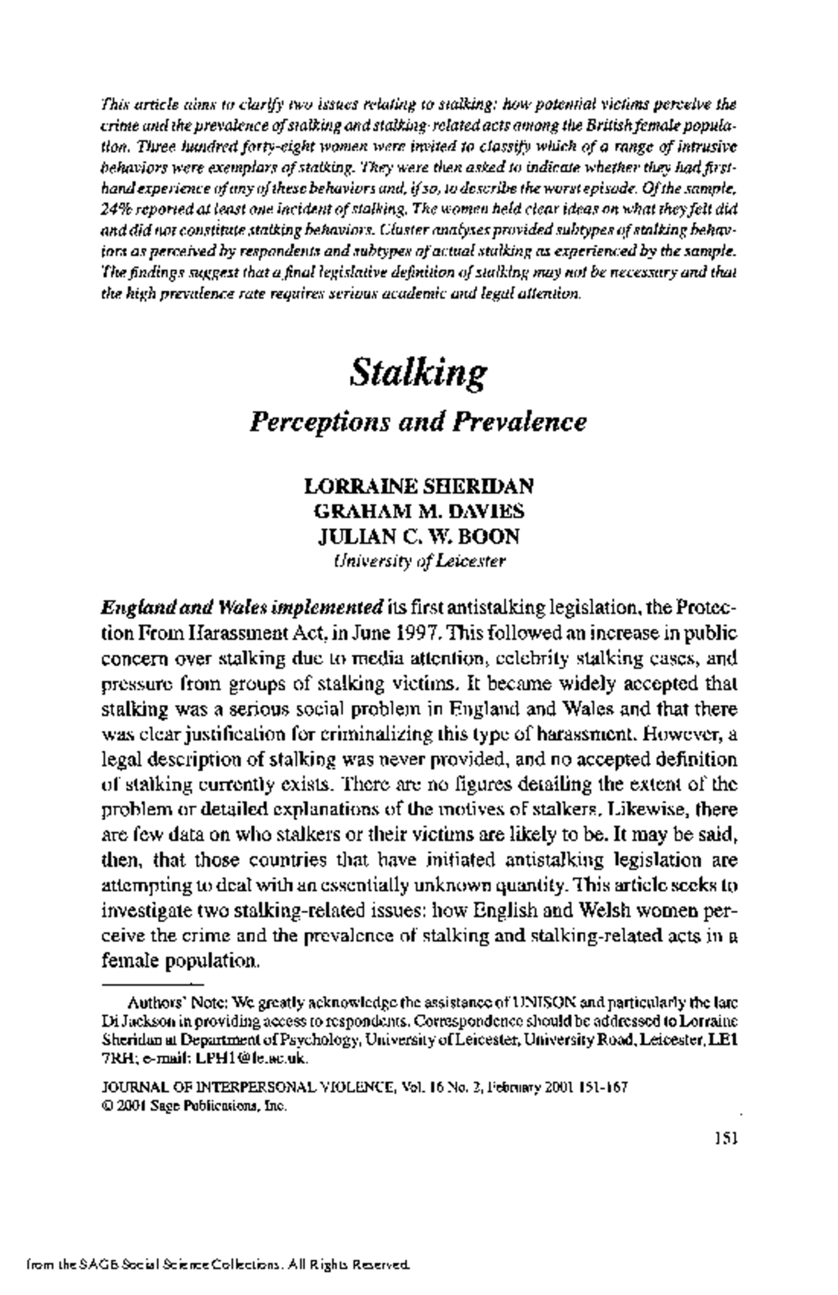 Stalking perceptions and prevalence - PS51005B - from the SAGE Social ...