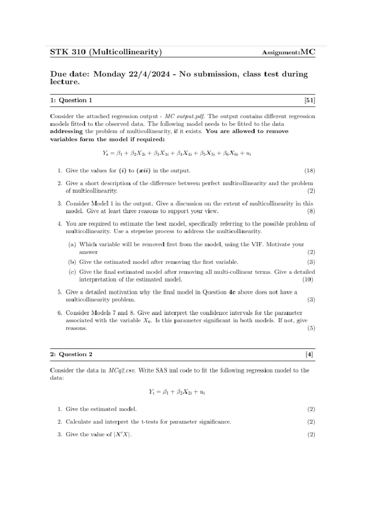 Stk MC assigment printout - STK 310 (Multicollinearity) Assignment: Due date: Monday No ...