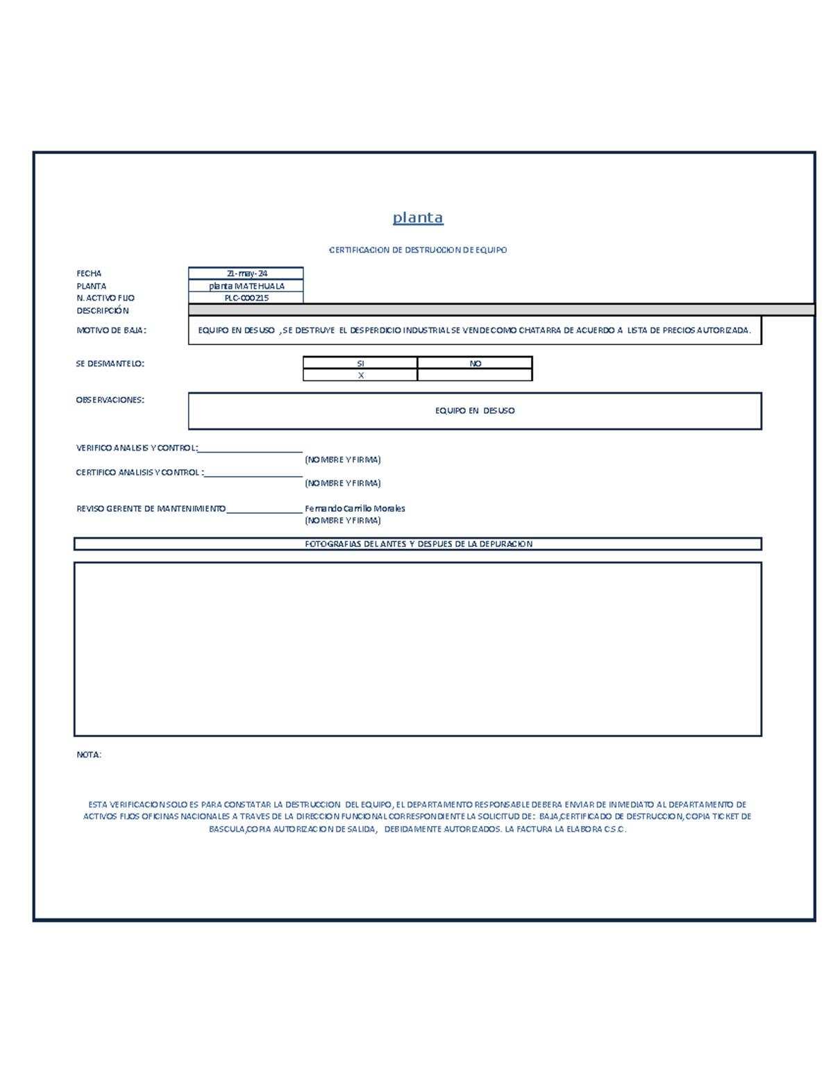 Machote destruccion activos - FECHA 21-may- PLANTA planta MATEHUALA N ...