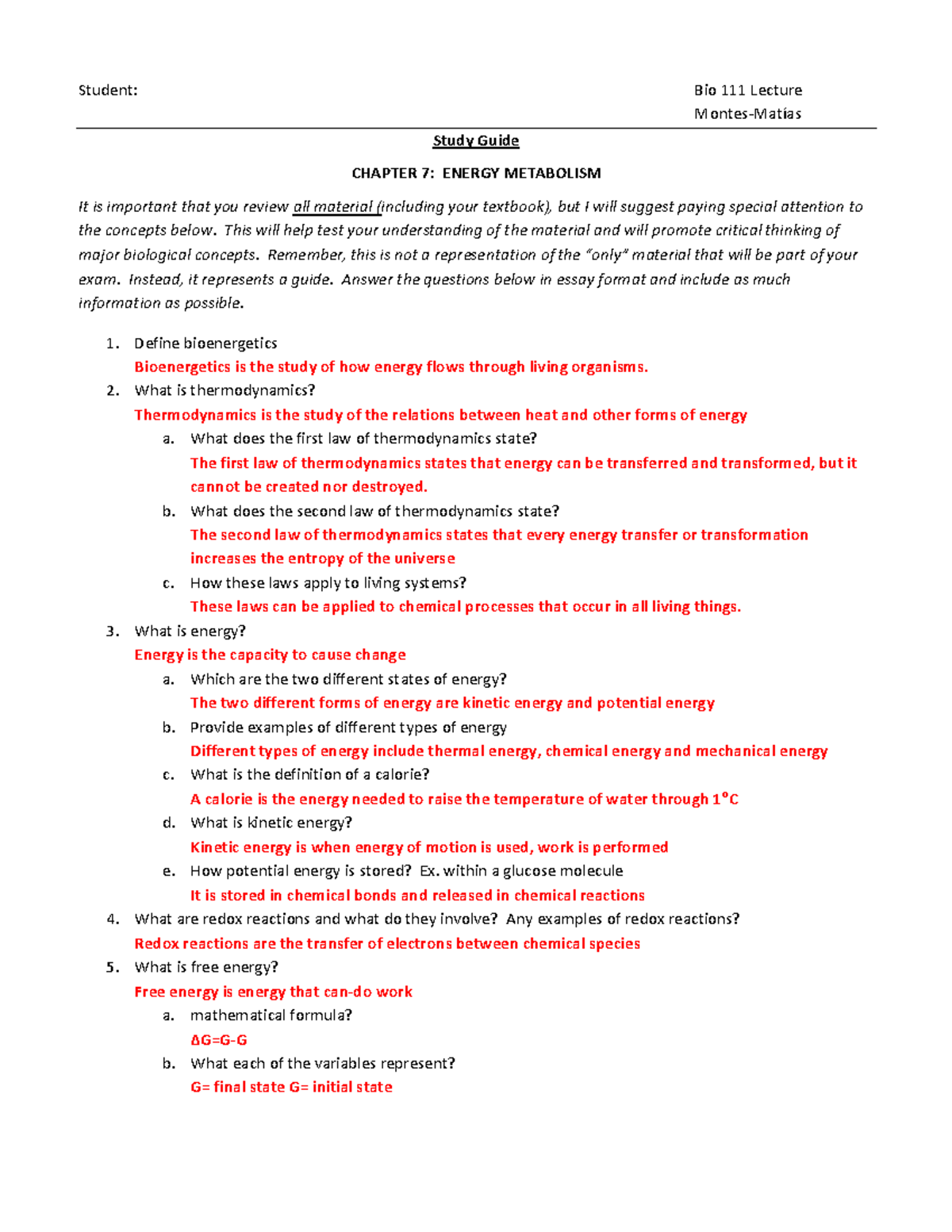 Ch 7 Study Guide- Energy Enzymes - Student: Bio 111 Lecture Montes ...