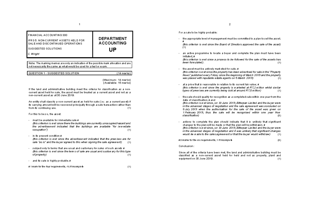 IFRS 5 Solutions 2023 - FINANCIAL ACCOUNTING 300 IFRS 5: NON-CURRENT ASSETS HELD FOR SALE AND ...