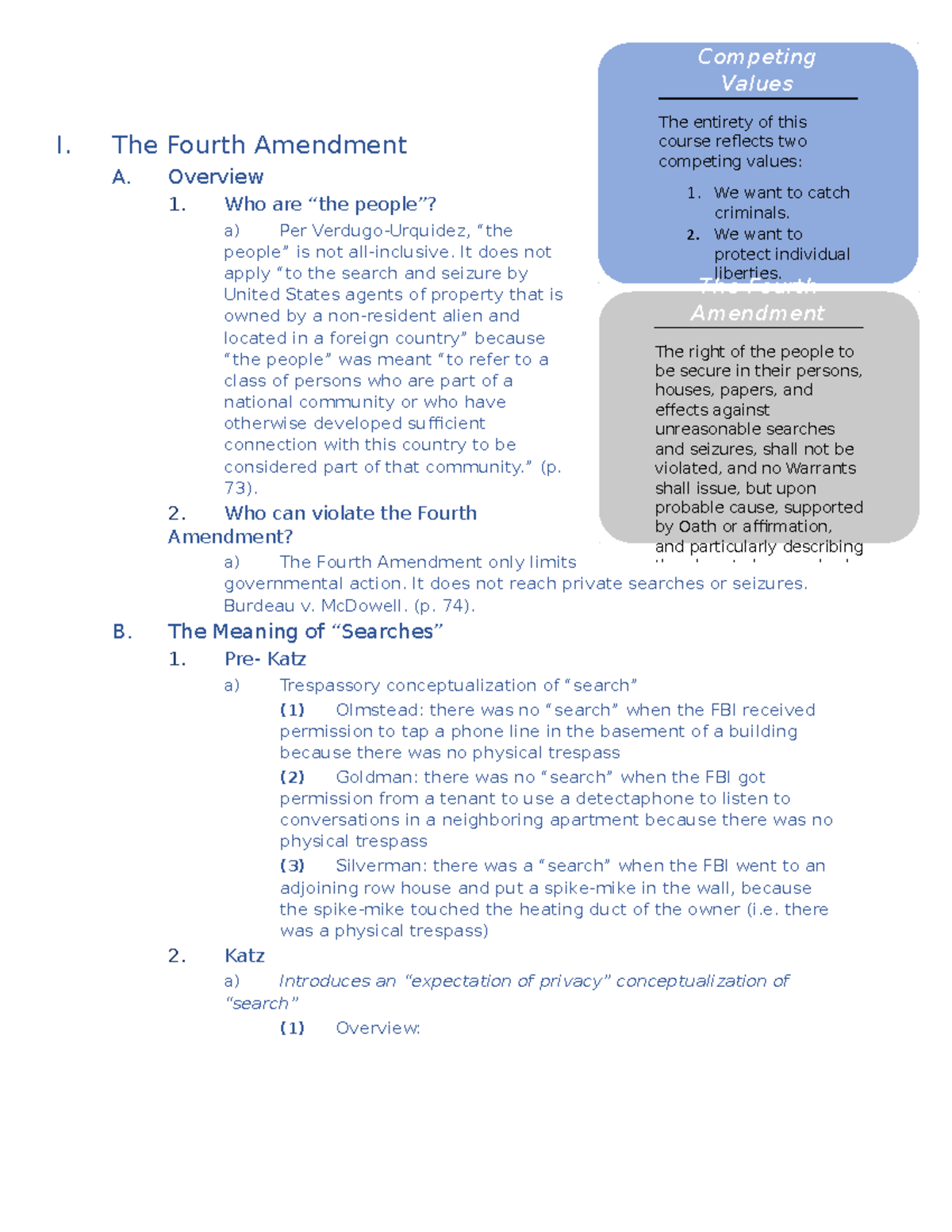 Criminal Procedure Outline - I. The Fourth Amendment A. Overview 1. Who ...
