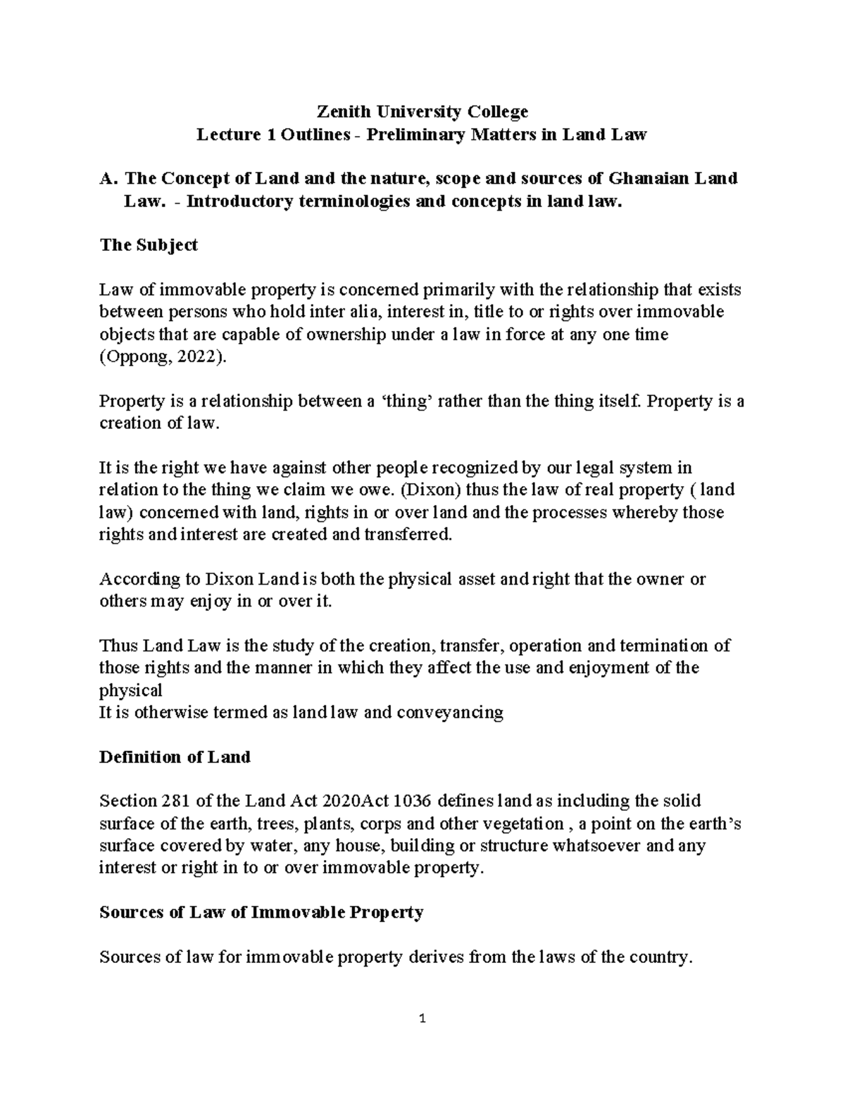 Lecture 1 Preliminary Matters in Land Law - Zenith University College ...