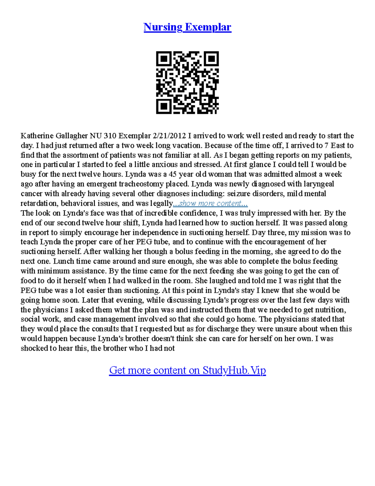 Nursing Essays Examples - Nursing Exemplar Katherine Gallagher NU 310 ...