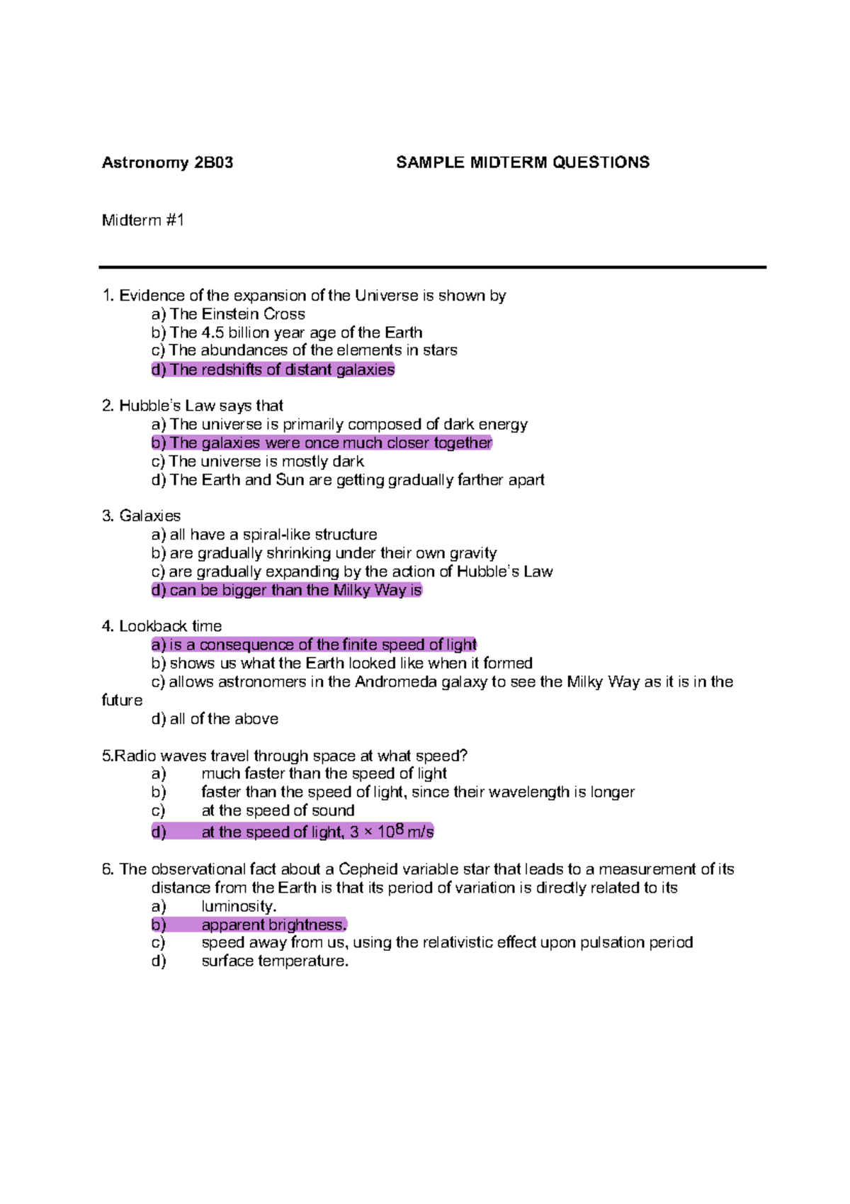 Sample midterm 1 questions - Astronomy 2B03 SAMPLE MIDTERM QUESTIONS Midterm #1: October 8 th ...