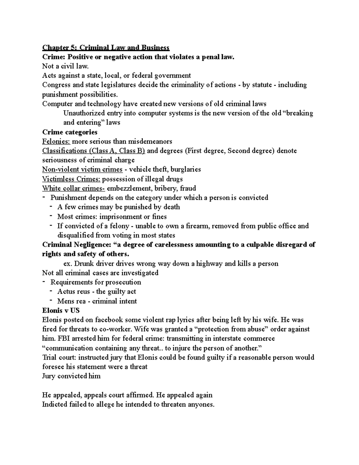 FINA2244 CHPT 5 - Chapter 5 notes - Chapter 5: Criminal Law and ...