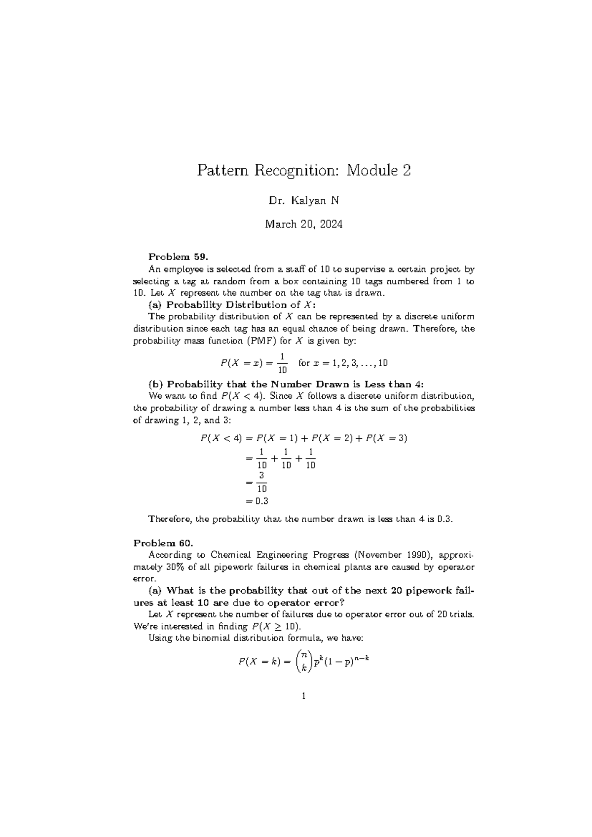 Patter R M2 - Pattern Recognition: Module 2 Dr. Kalyan N March 20, 2024 Problem 59. An employee ...