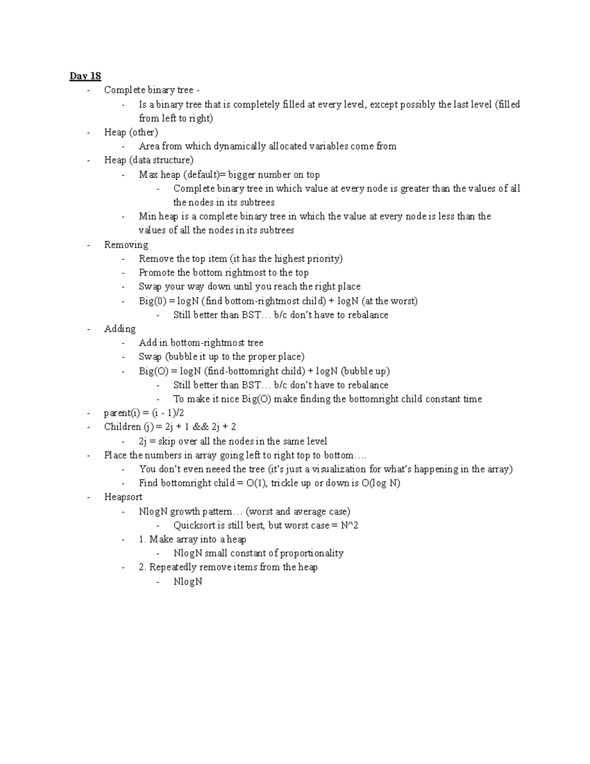Cs 32 Lecture Notes Day 18 Day 18 Complete Binary Tree Is A Binary Tree That Is