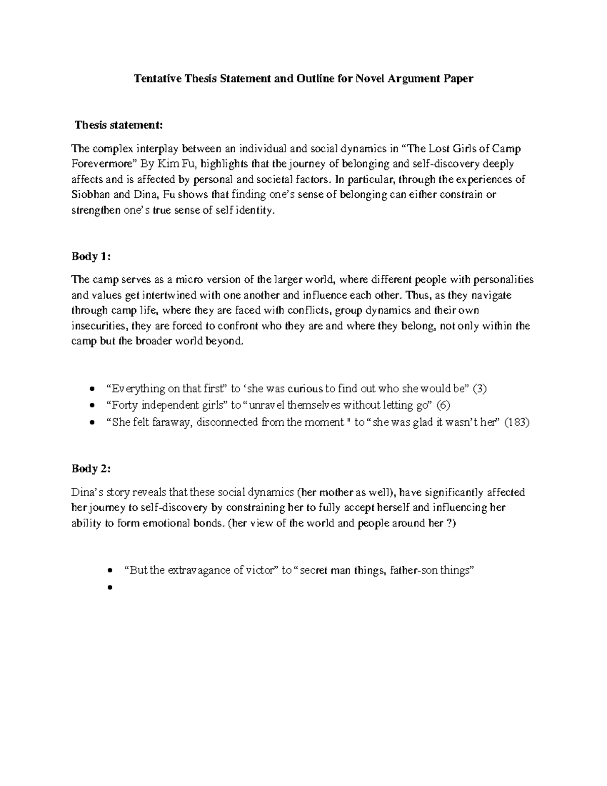 Tentative Thesis Statement and Outline for Novel Argument Pa ...