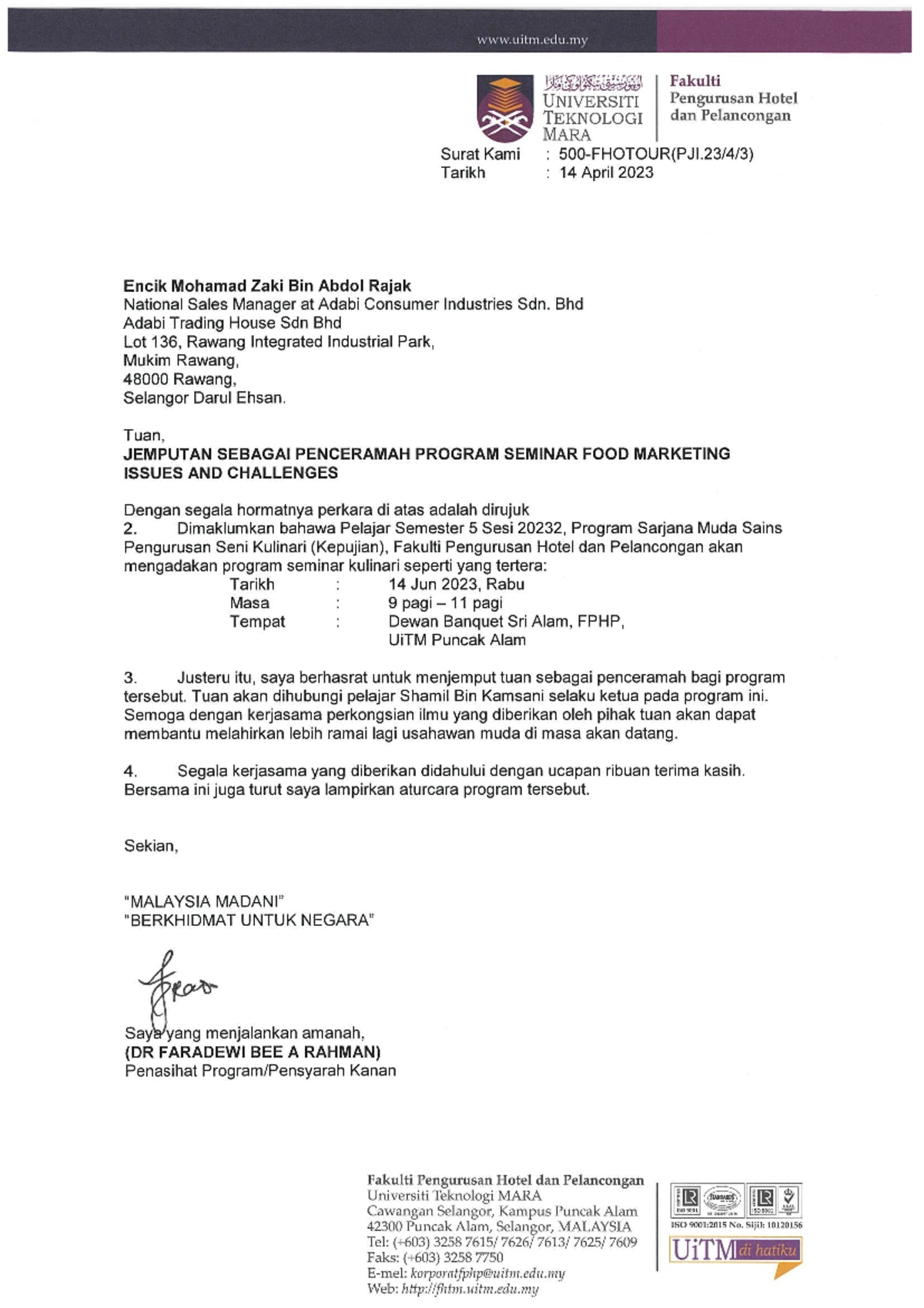 Surat jemputan penceramah - Culinary Arts Management - Studocu