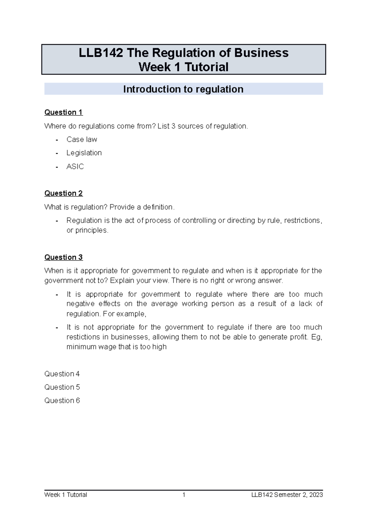LLB142 Week 1 Tutorial 1 - LLB142 The Regulation of Business Week 1 ...