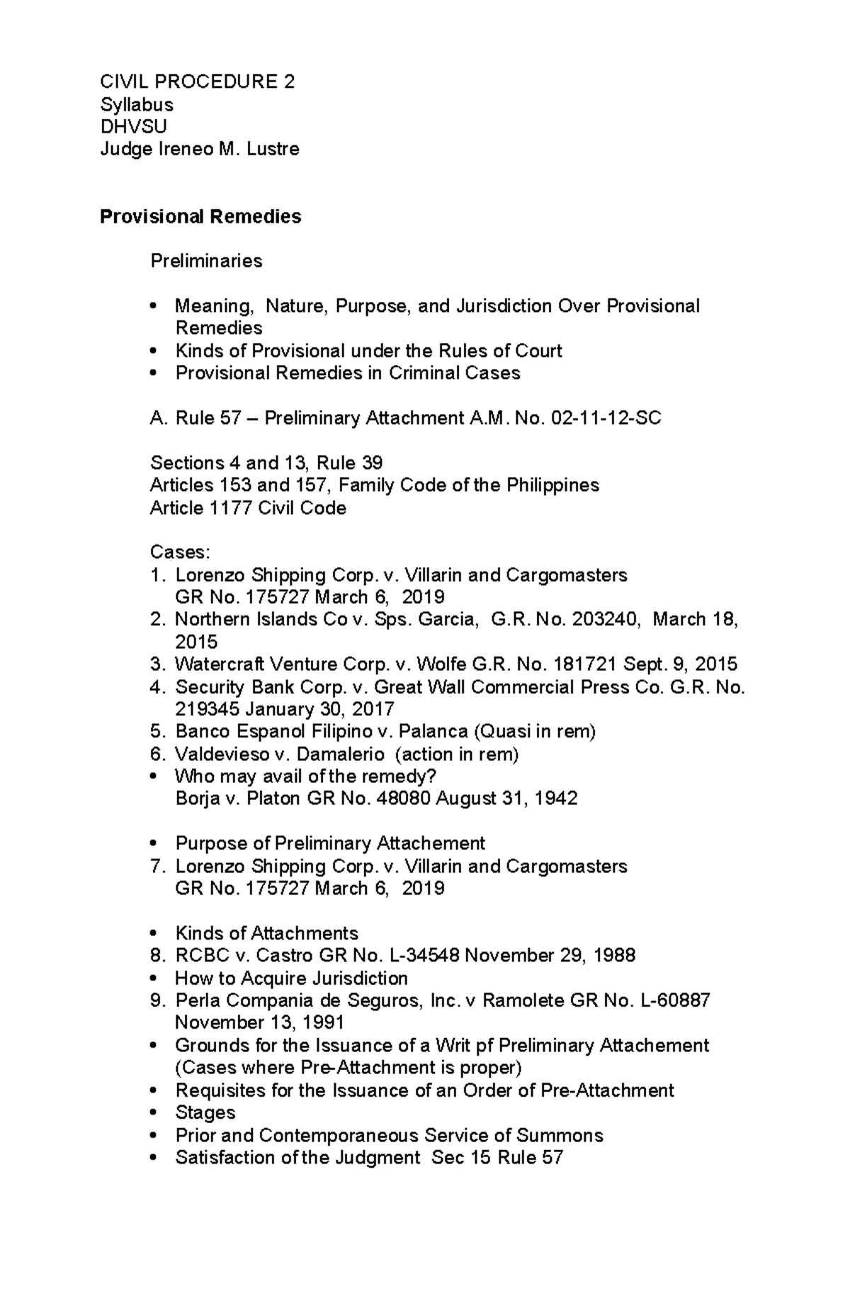 CIV PRO 2 Syllabus - dwdw - CIVIL PROCEDURE 2 Syllabus DHVSU Judge ...