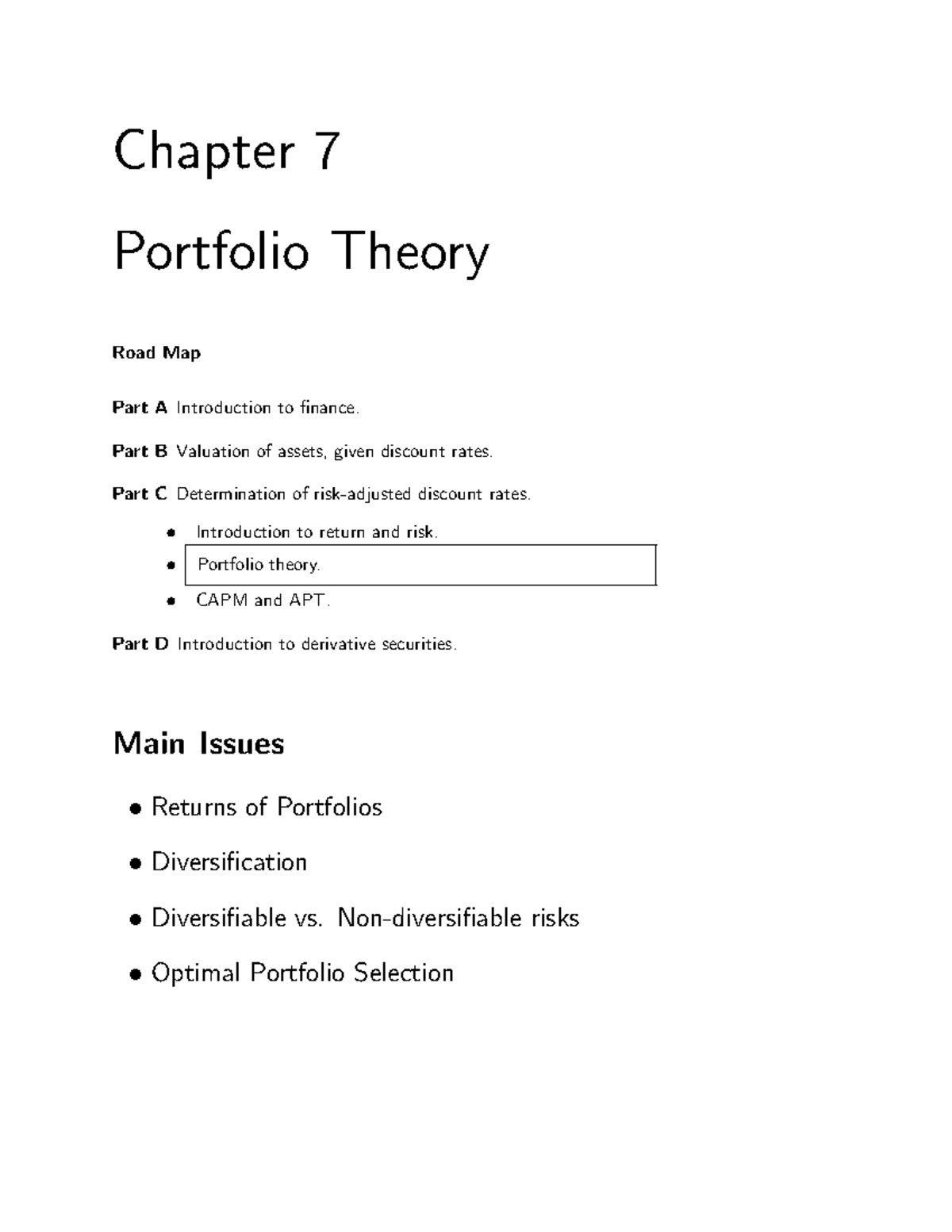 Portfolio - Chapter 7 Portfolio Theory Road Map Part A Introduction to ...