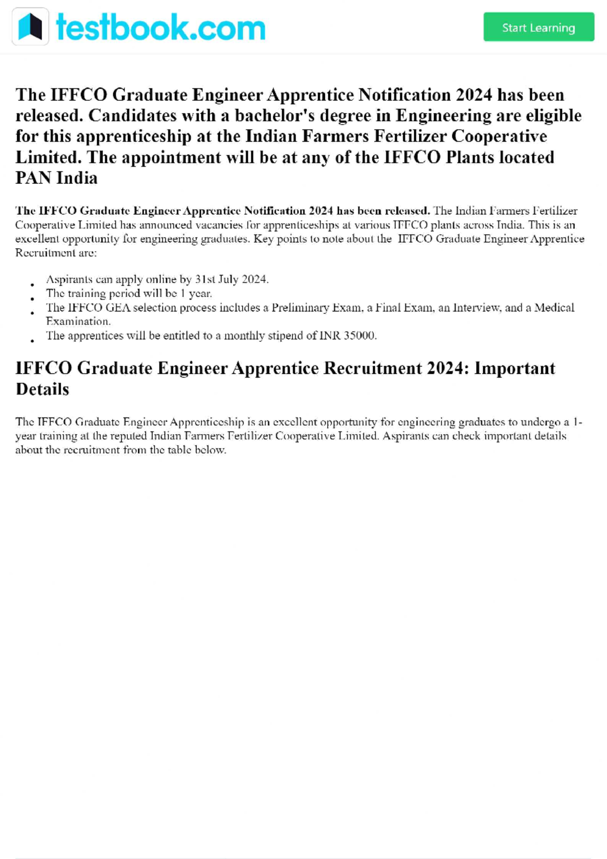 Iffco Graduate Engineer Apprentice Exam Info - testbook Start Learning ...