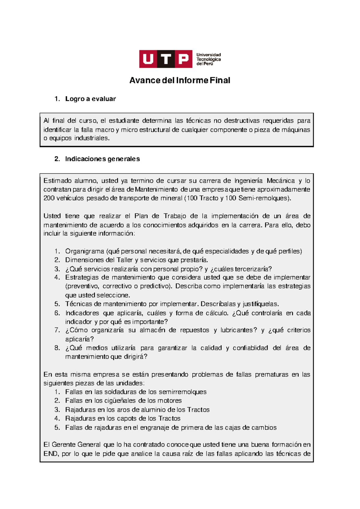 Consigna Avance de Informe Final - Avance del Informe Final 1. Logro a evaluar Al final del ...