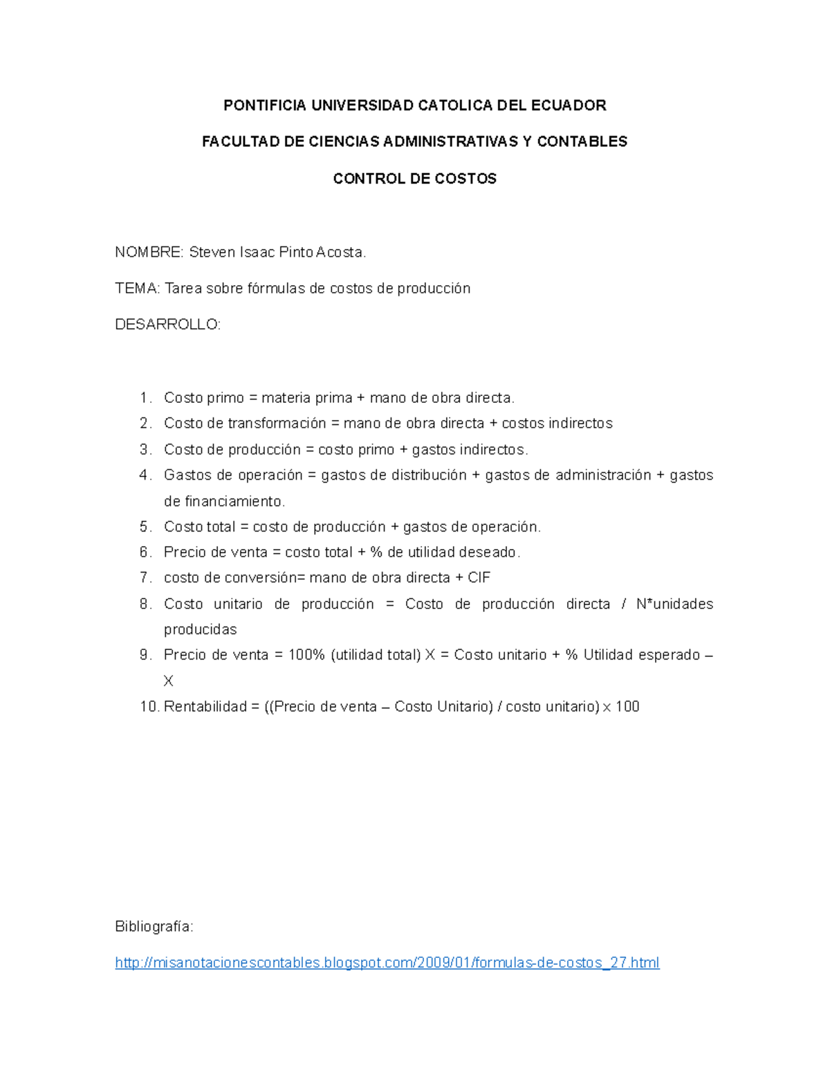 Formulas de costos de produccion - PONTIFICIA UNIVERSIDAD CATOLICA DEL ...