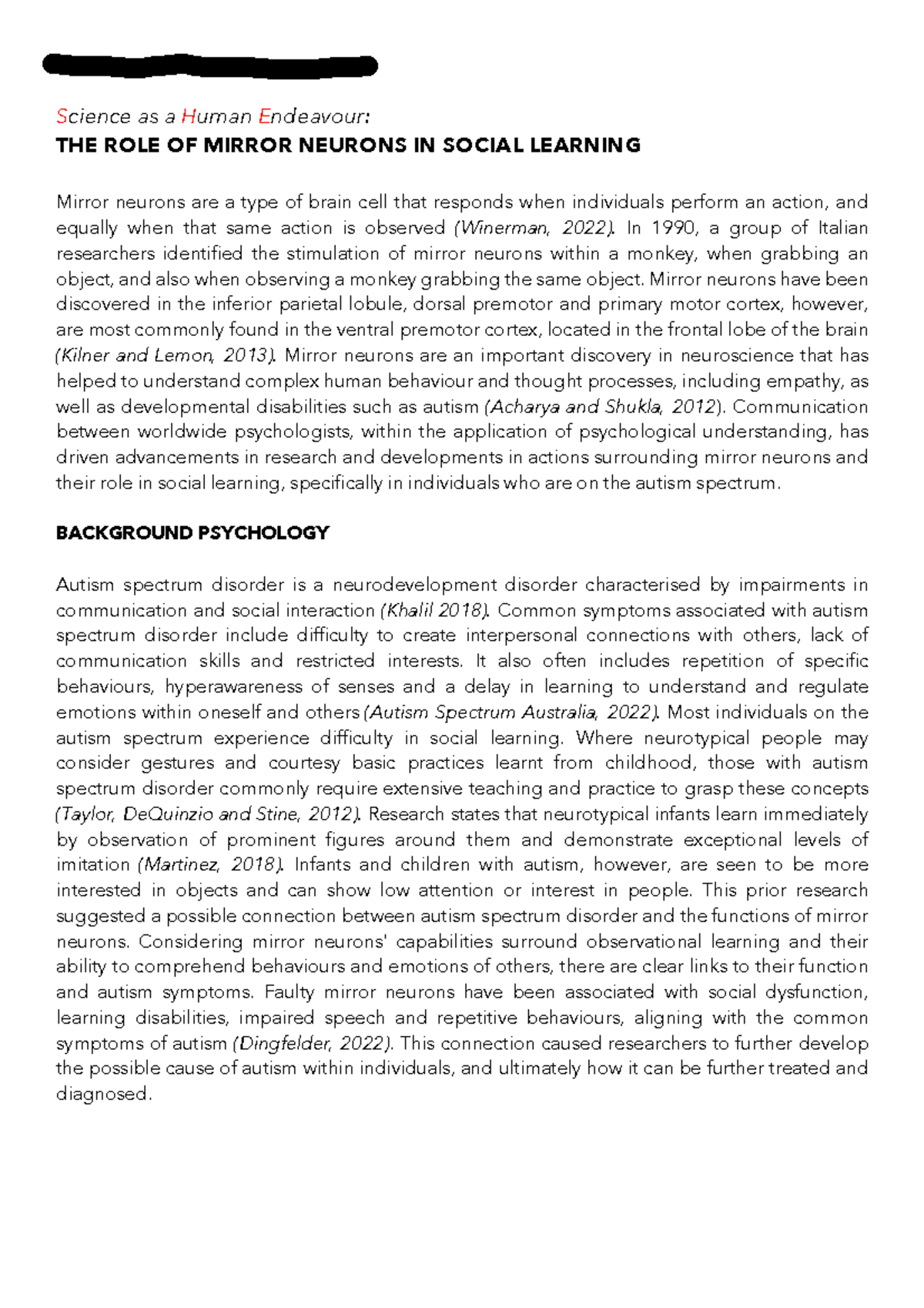 A grade exemplar -SHE - SHE TASK PSYCHOLOGY - Science as a Human ...