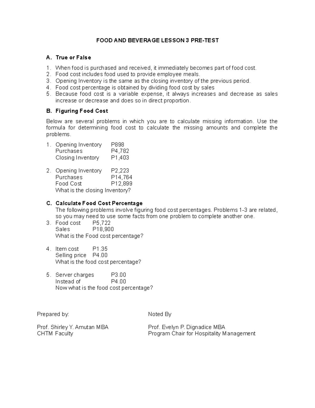 Lesson 3 Pre Test - Module 1 - FOOD AND BEVERAGE LESSON 3 PRE-TEST A ...