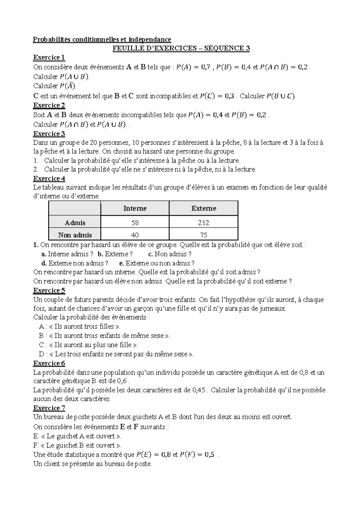 S3 - Exercices - Probabilités conditionnelles et indépendance 2 - Probabilités conditionnelles ...