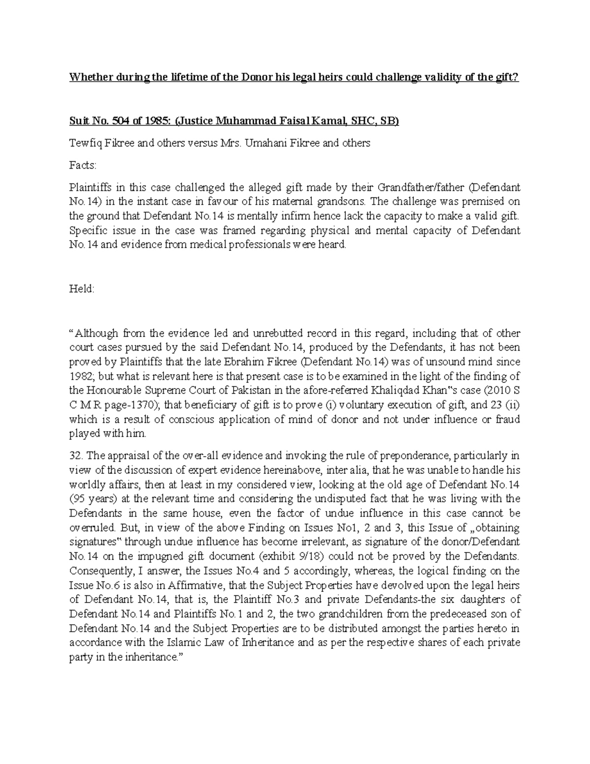 Cancellation of gift- case note - Whether during the lifetime of the ...