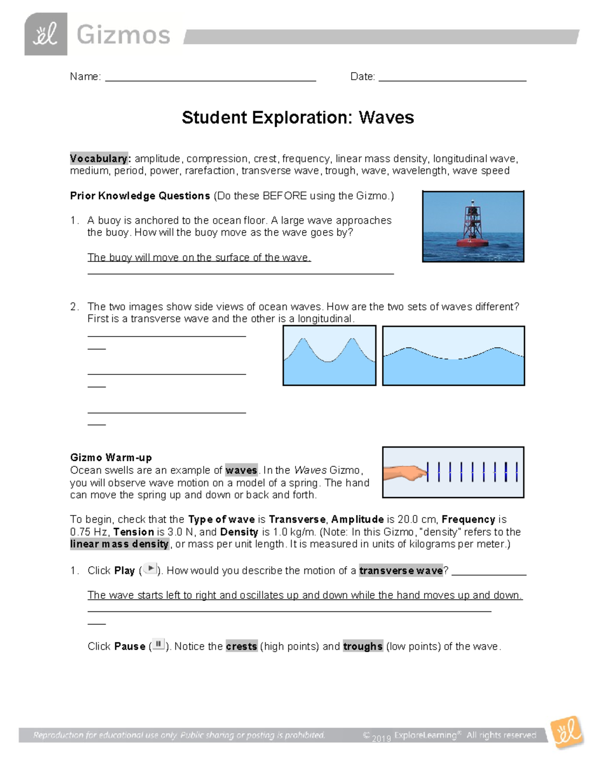 Waves SE - Physics - Name: Date: Student Exploration: Waves Vocabulary ...