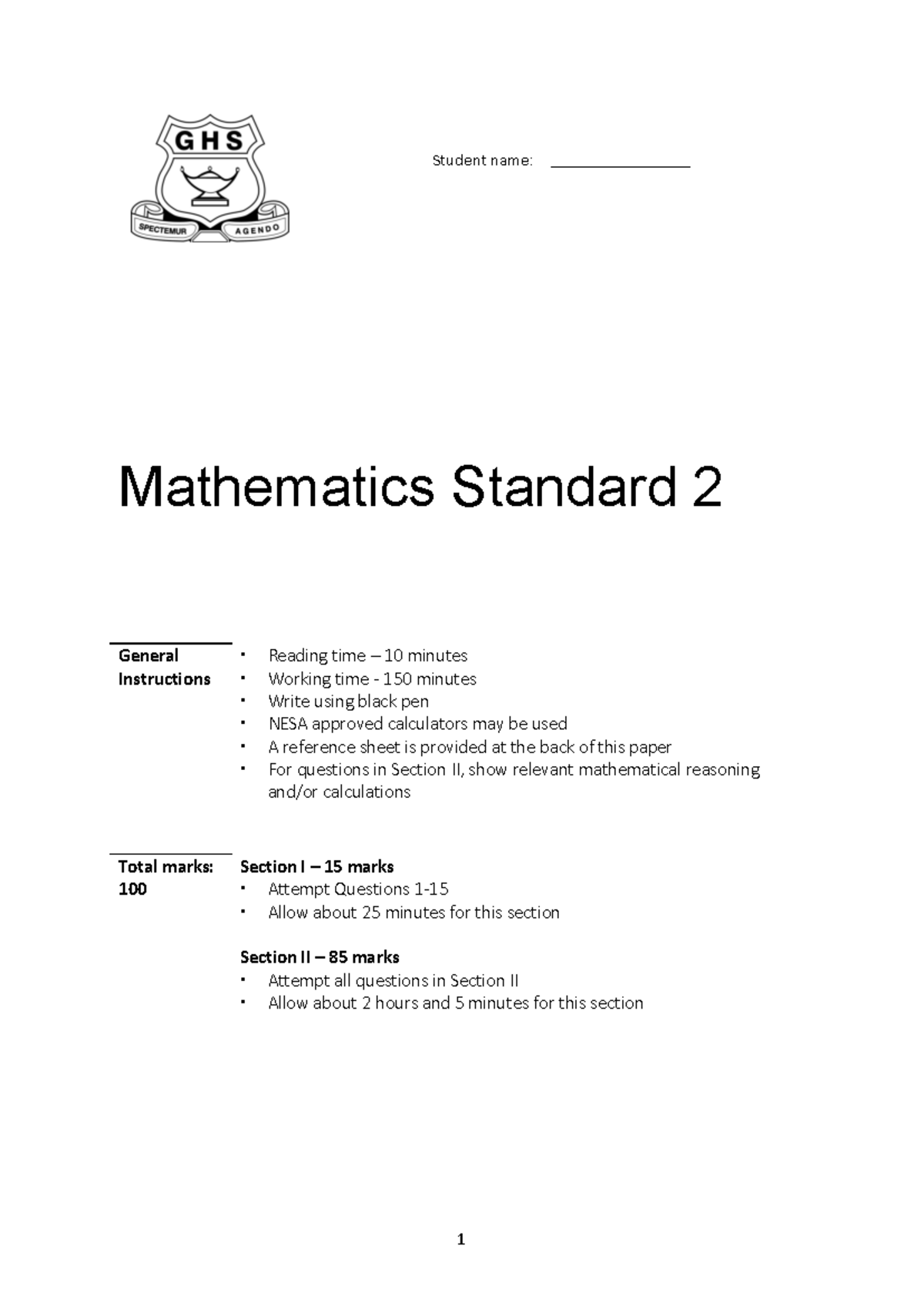 GHS Mathematics Standard 2 Year 12 Trial HSC 2020 - 1 Student name