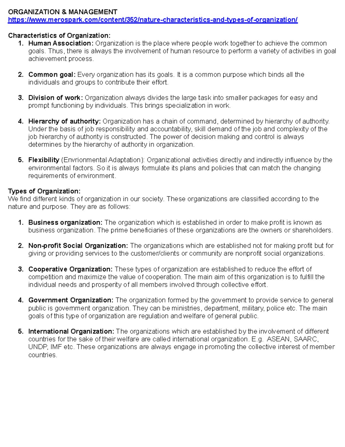 Characteristics-OF- Organization - ORGANIZATION & MANAGEMENT - Studocu