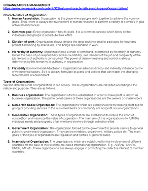 Characteristics-OF- Organization - ORGANIZATION & MANAGEMENT - Studocu
