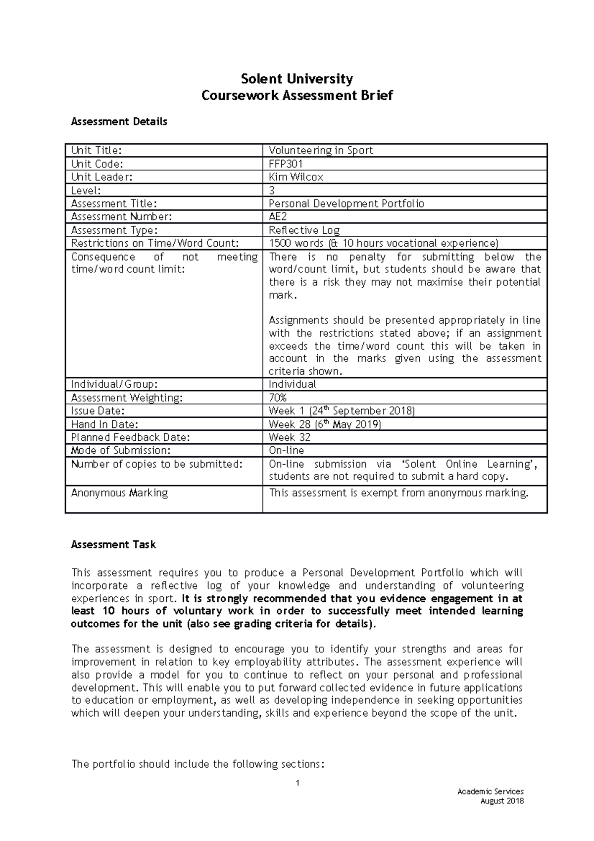 FFP301 AE2 Assessment Brief - Solent University Coursework Assessment ...