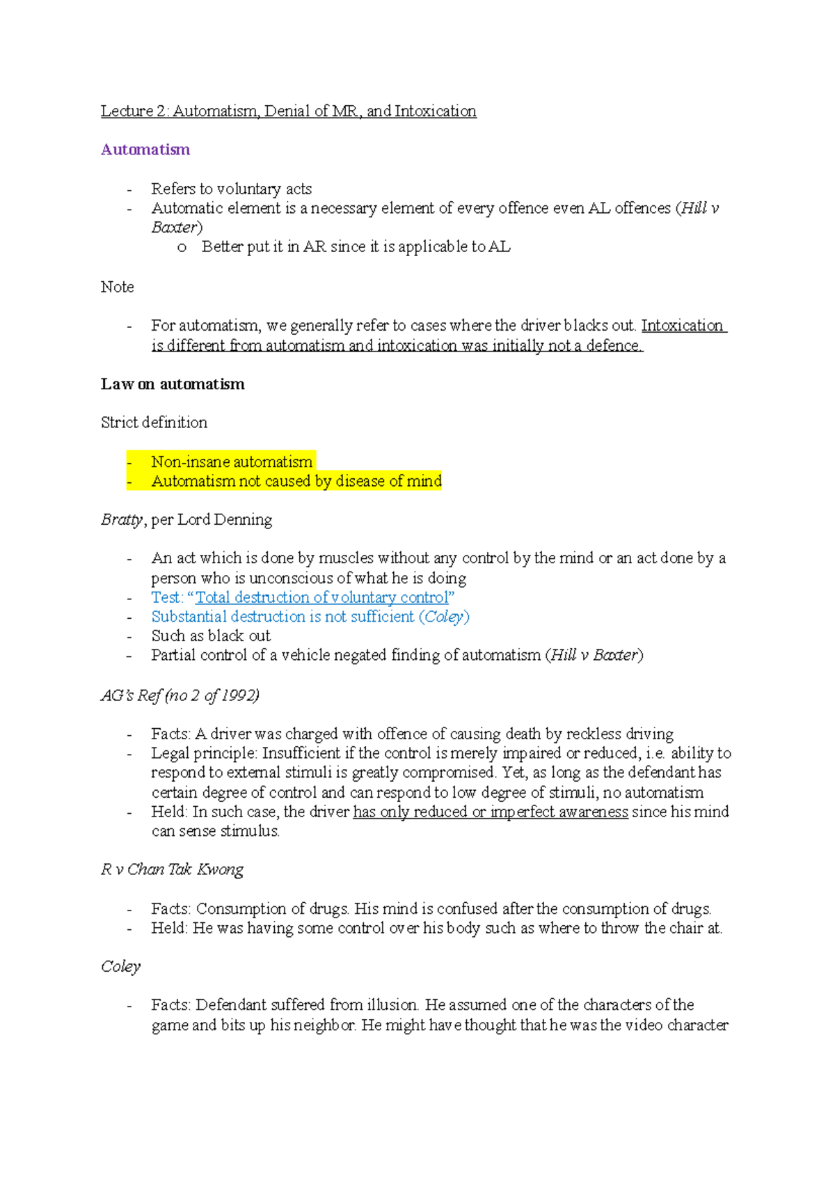 Lecture 2 - 25 1 2018 Intoxication - Lecture 2: Automatism, Denial of ...