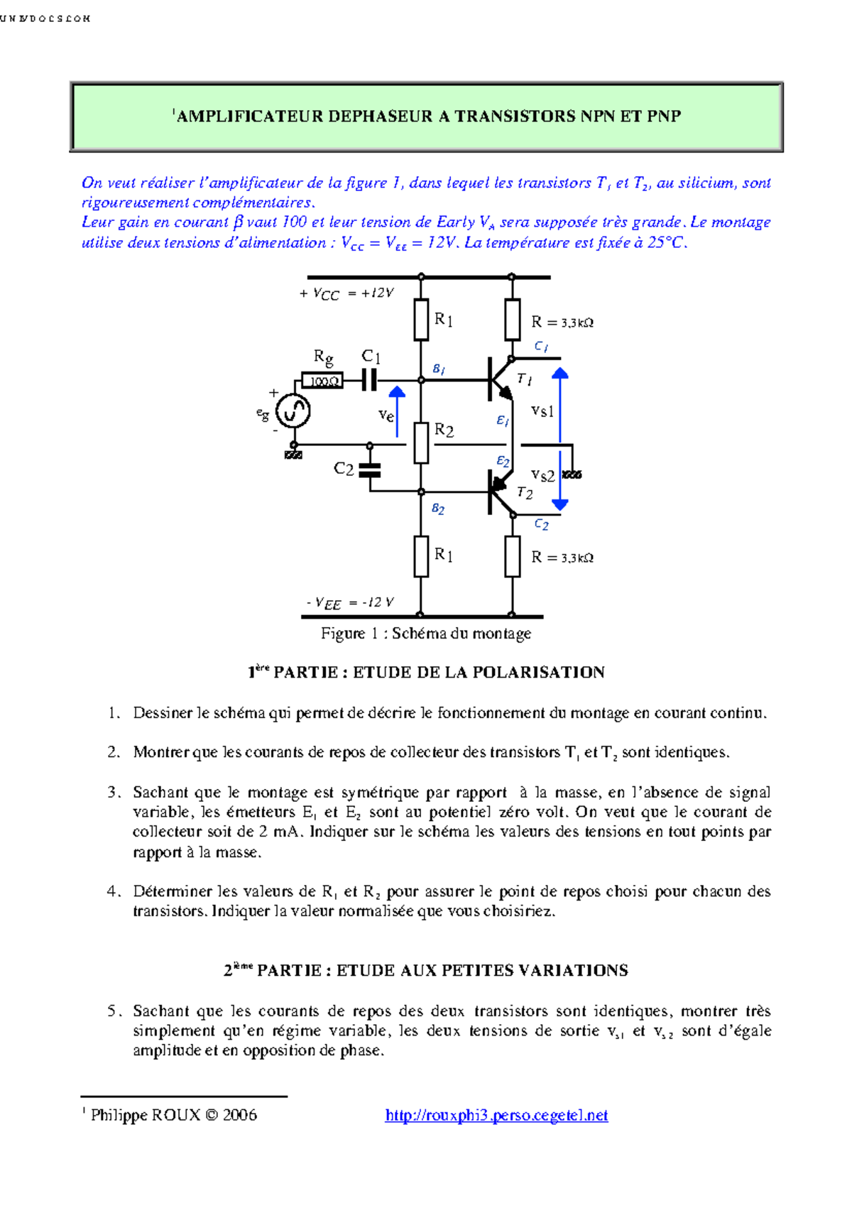 Exercices amplificateur dephaseur a transistors - 1 AMPLIFICATEUR ...