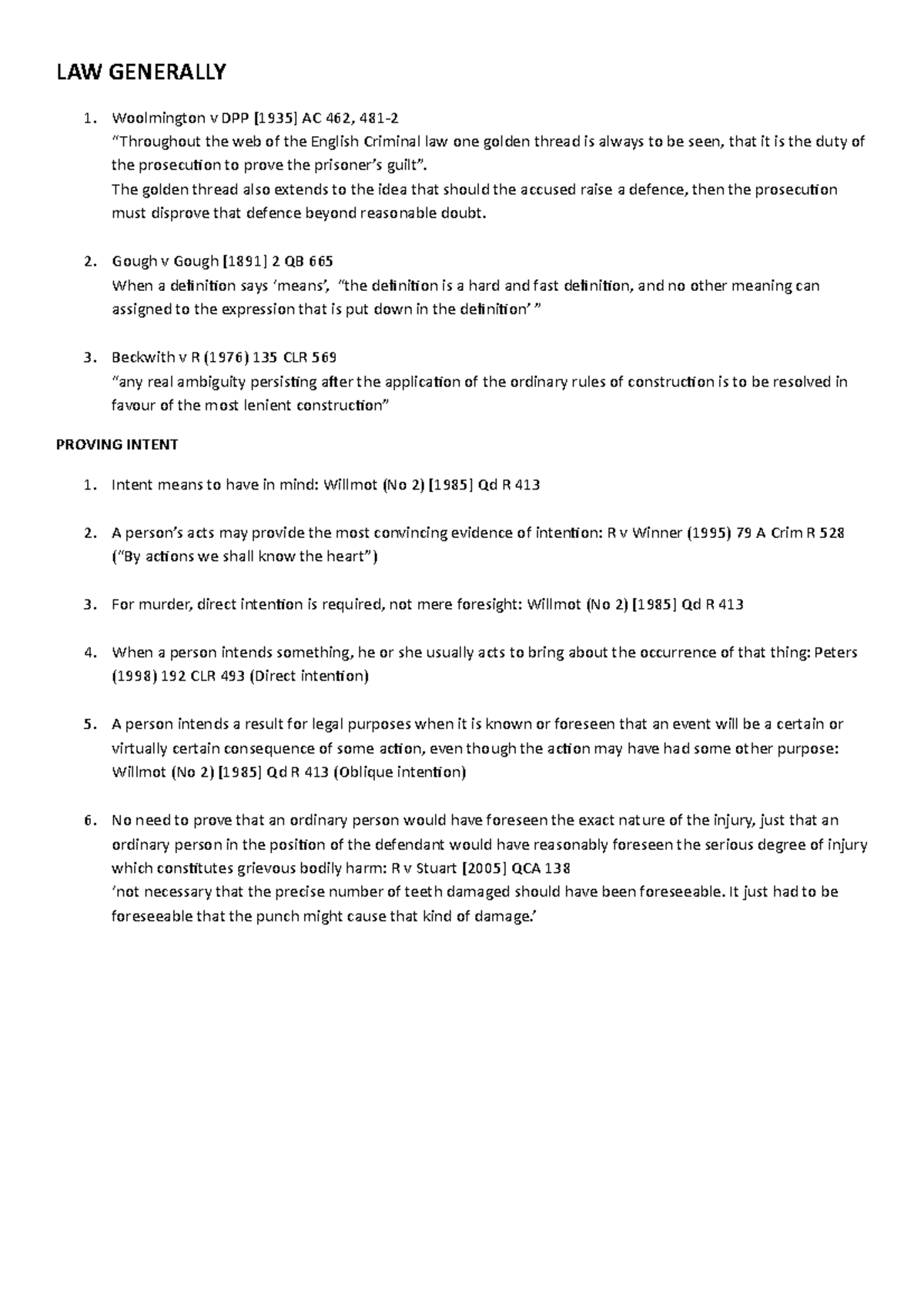 Criminal Law 1 Exam Notes - LAW GENERALLY Woolmington v DPP [1935] AC ...