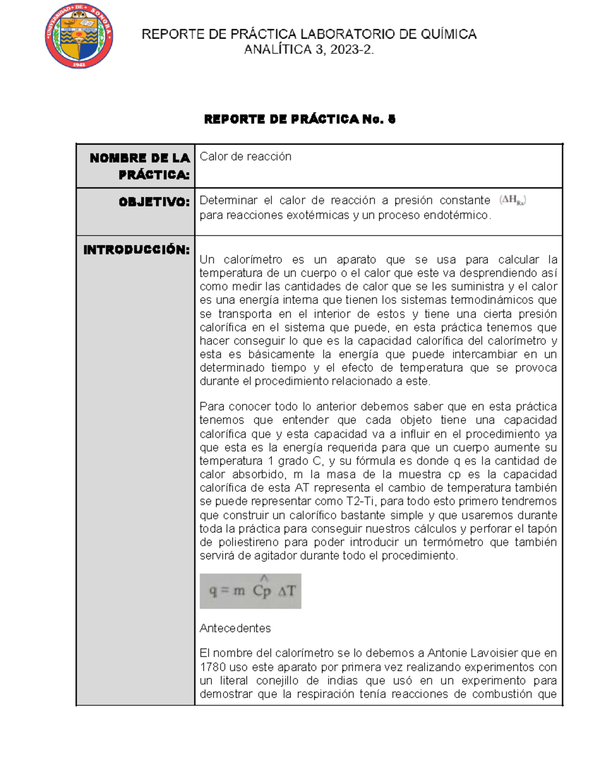 P5 - Repite de práctica 5 termodinámica - REPORTE DE PRÁCTICA No. 5 NOMBRE DE LA PRÁCTICA: Calor ...