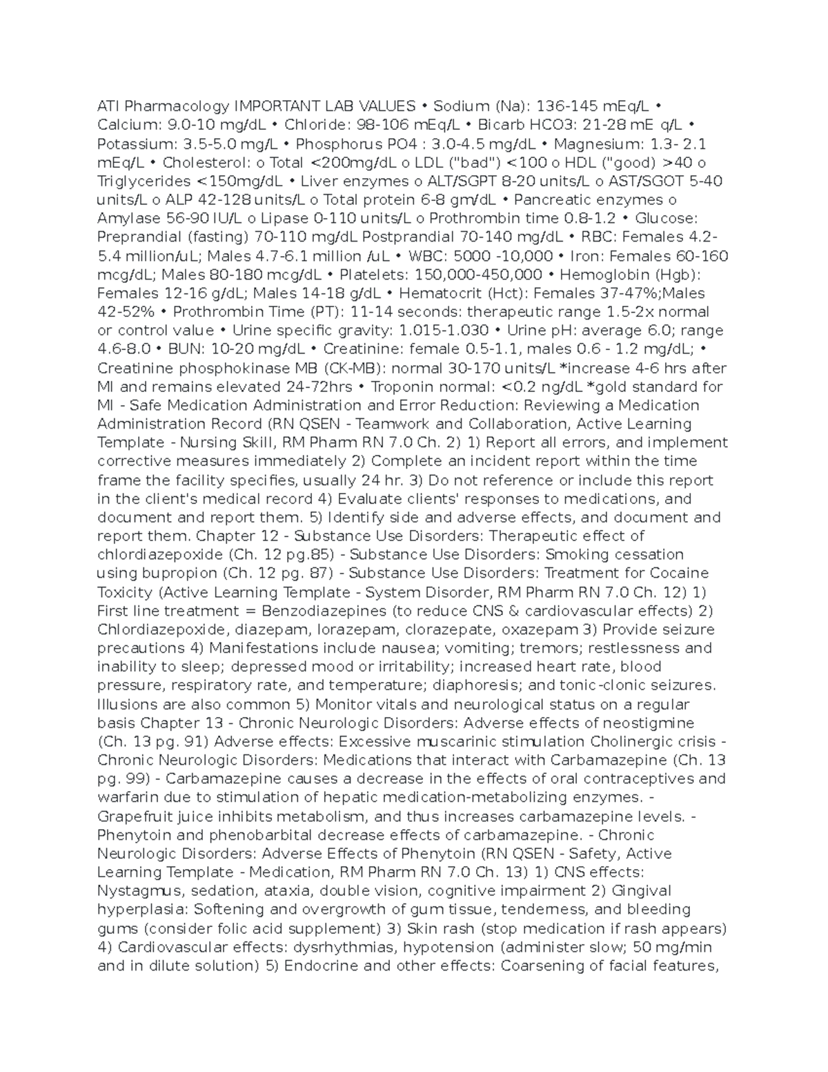 ATI Pharmacology Important LAB Values - 2101 - Studocu