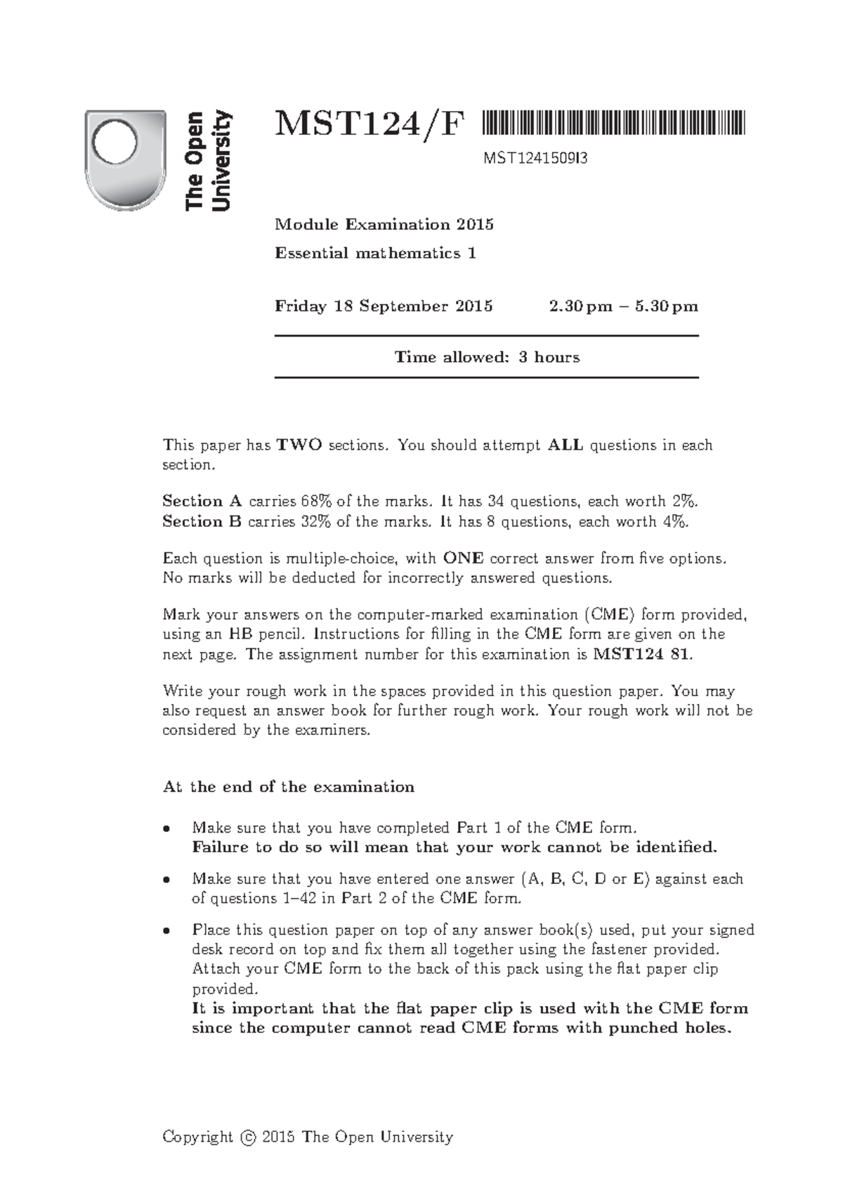 MST124-2015 09 - MST124 Examination Paper - MST124/F MST1241509I Module Examination 2015 - Studocu