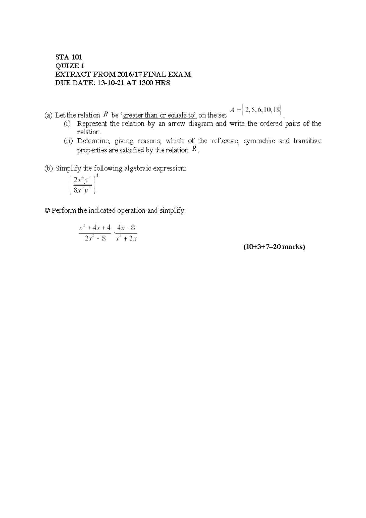 STA 101 QUIZ1 - FUNDAMENTAL OF STATISTICS - STA 101 QUIZE 1 EXTRACT ...