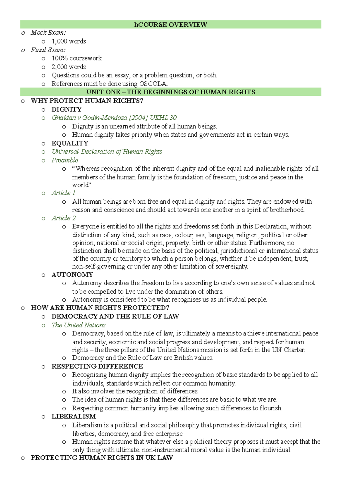 Human Rights Notes - hCOURSE OVERVIEW o Mock Exam: o 1,000 words o ...
