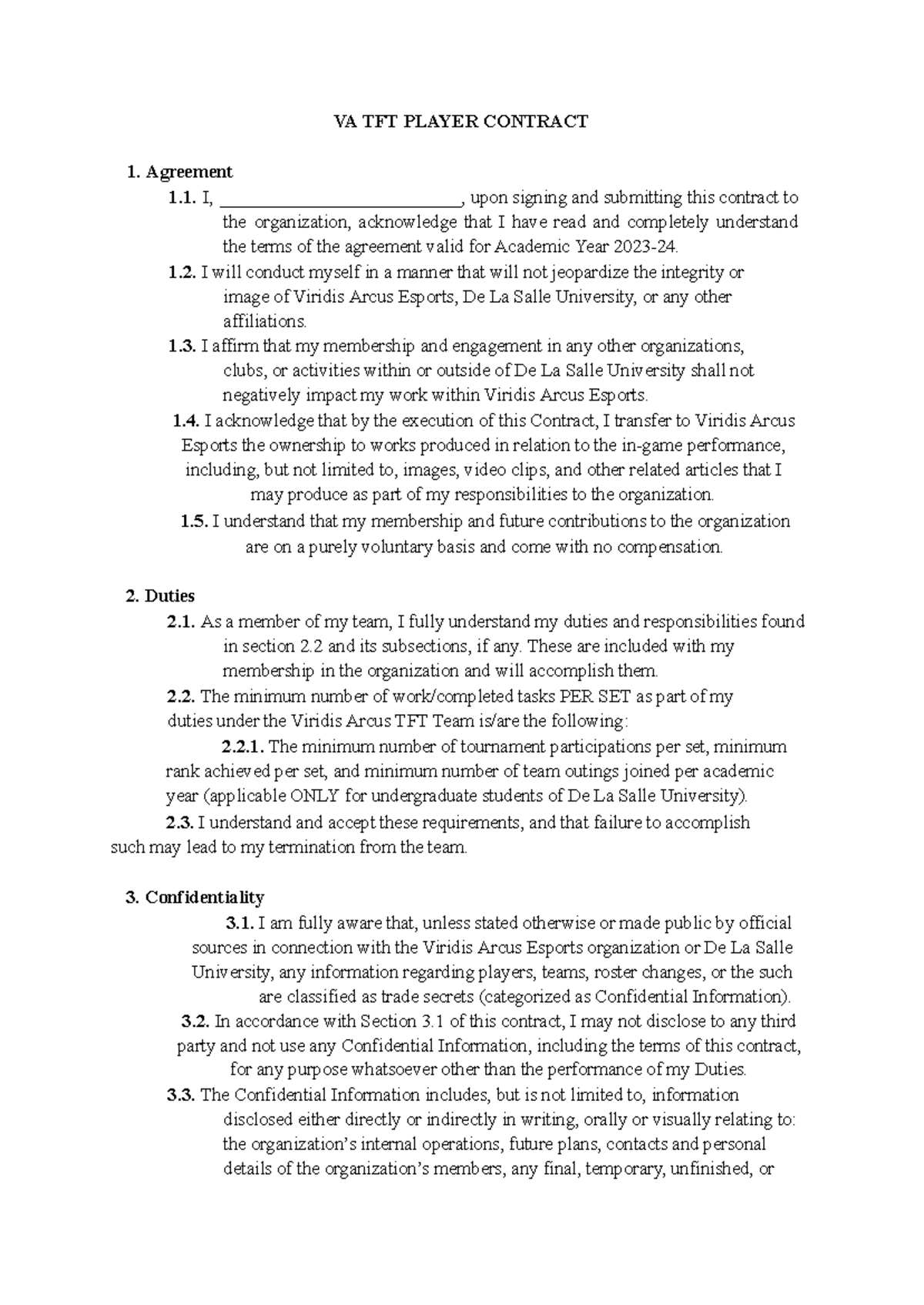 Contract for joining a team - VA TFT PLAYER CONTRACT Agreement I