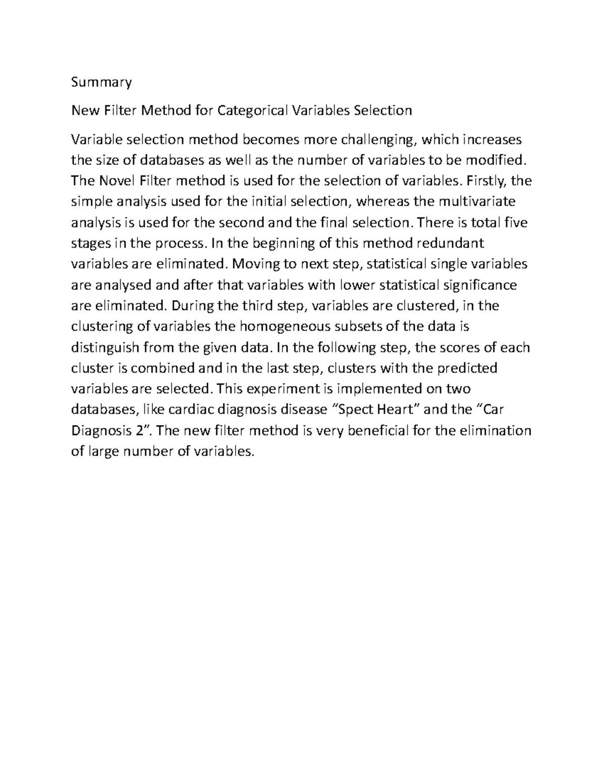 Summary - Summary New Filter Method for Categorical Variables Selection Variable selection ...