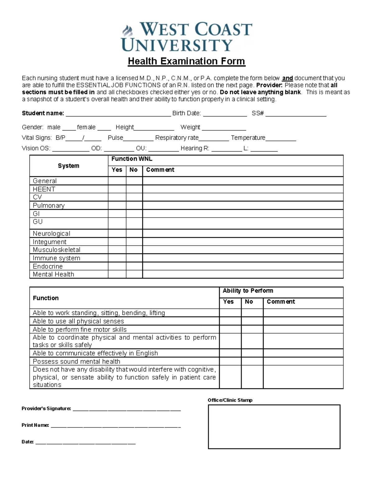 Health Exam Form - core clinical required forms - Health Examination ...