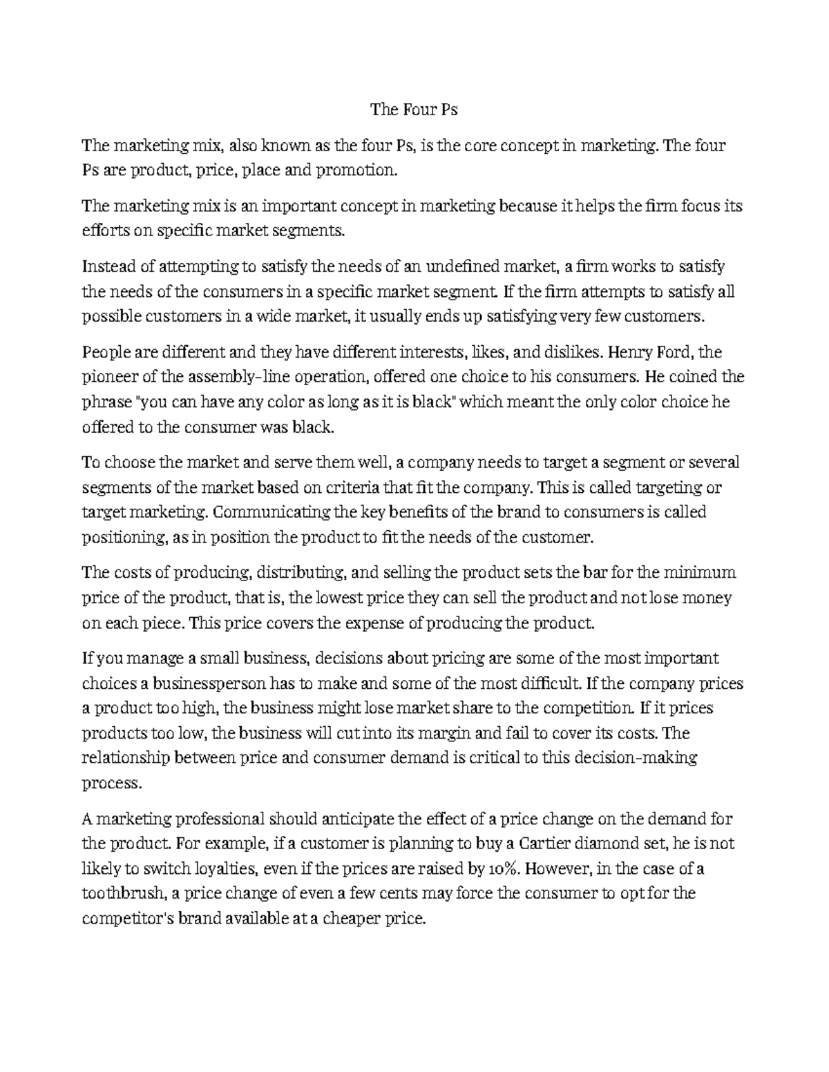 The Four Ps - The Four Ps Notes - The Four Ps The marketing mix, also ...