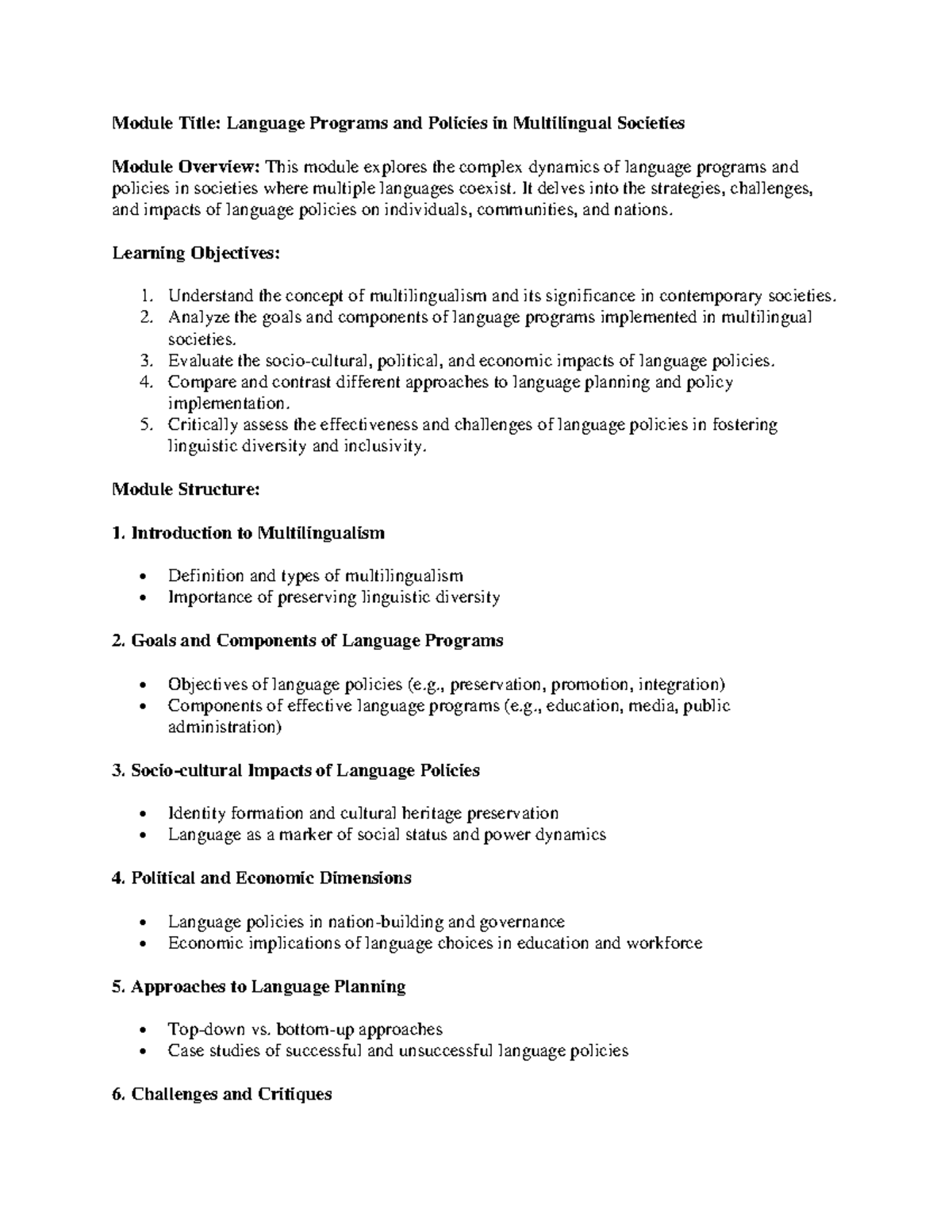 Module - Language Programs and policies in multilingual societies - Module Title: Language ...