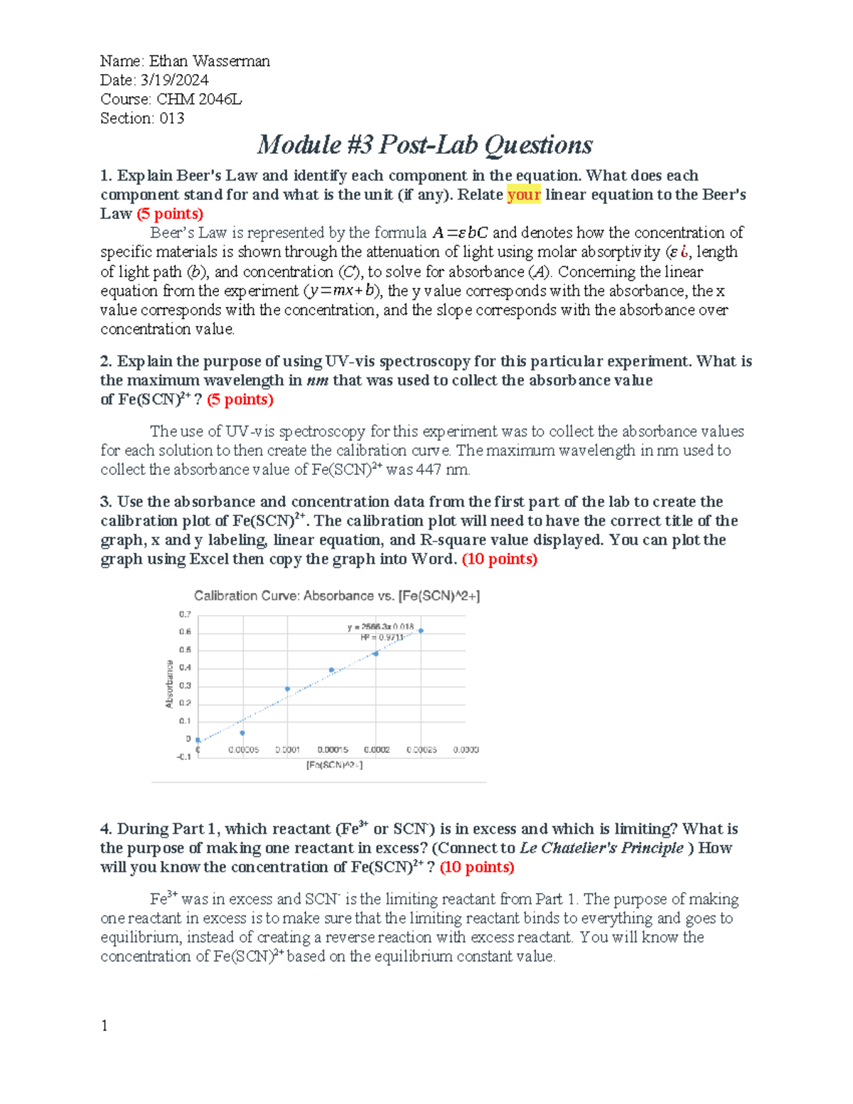Module #3 Post Lab Questions for General Chemistry II - CHM 2046L - Name: Ethan Wasserman Date ...