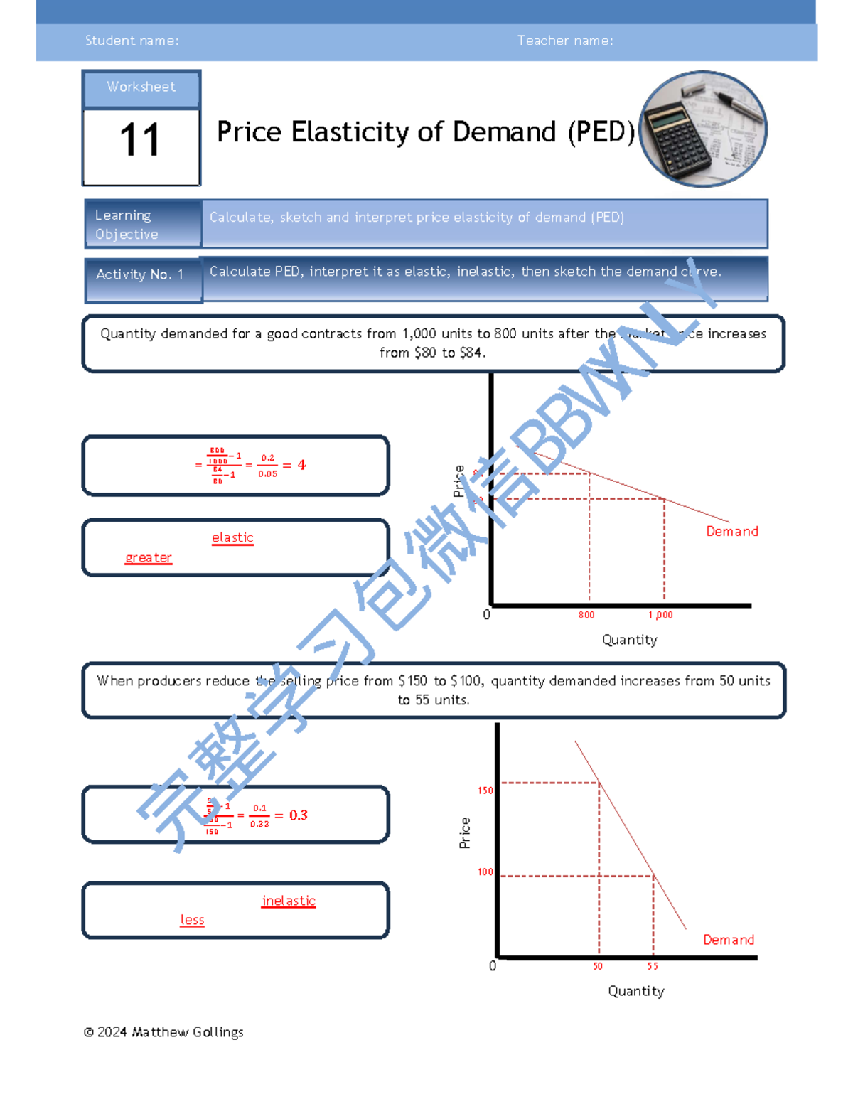 12 - Price Elasticity of Demand (PED) - Economics Worksheet 3 - © 2024 ...