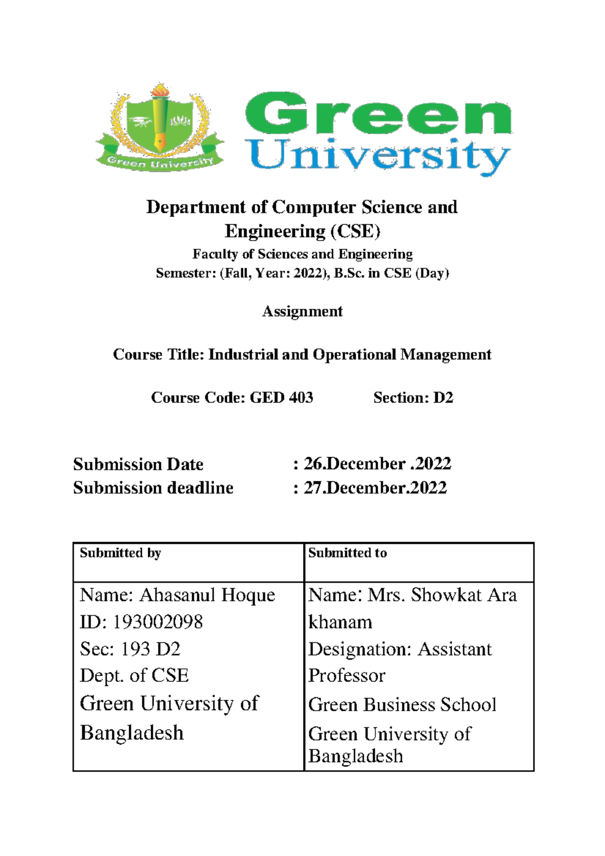 193002098 GED-403 Assignment - Department of Computer Science and Engineering (CSE) Faculty of ...