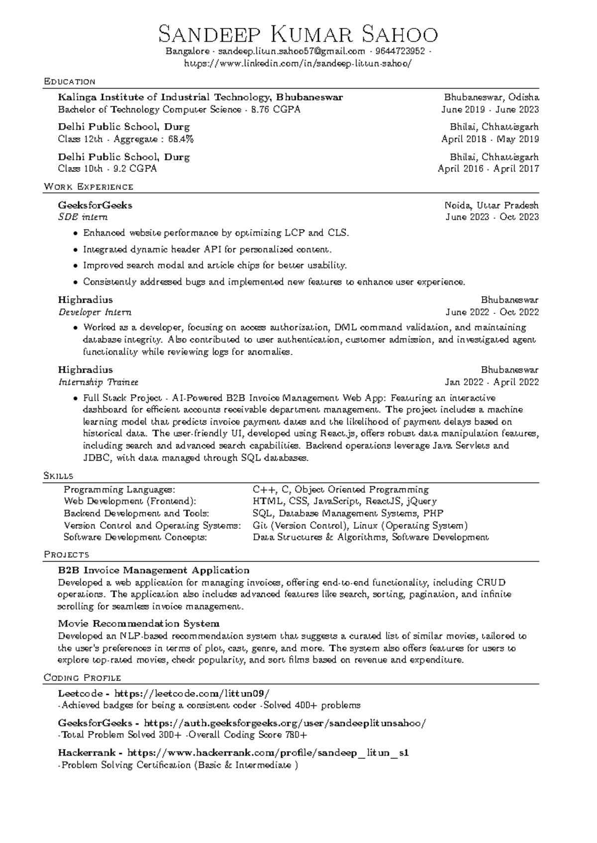 Goalresume - Sandeep Kumar Sahoo Bangalore · sandeep.litun@gmail · 9644723952 · - Studocu