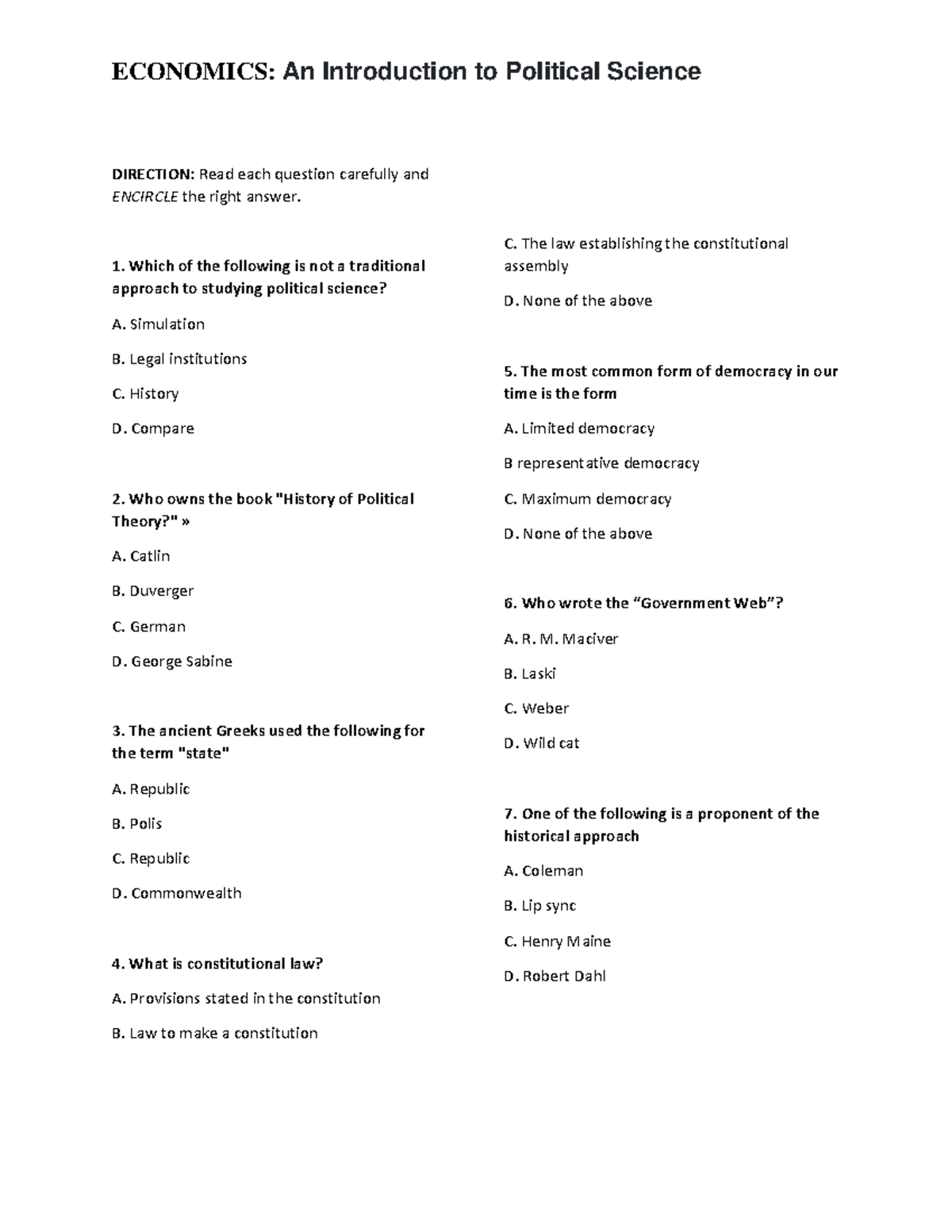 Economics Practice Exam 5 - DIRECTION: Read each question carefully and ...