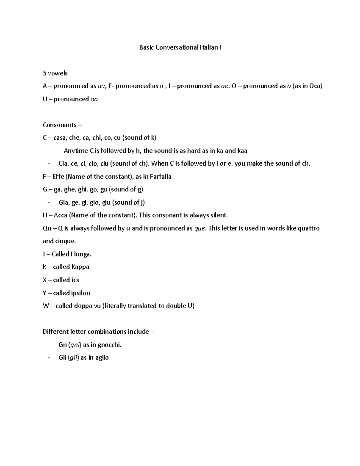 Basic Conversational Italian I vowels - When C is followed by I or e ...