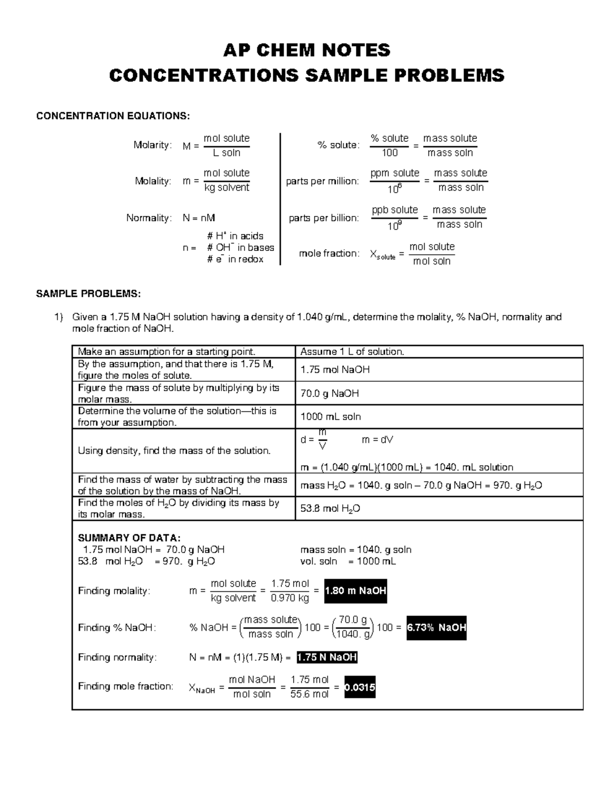 Concentrationsampleproblems - AP CHEM NOTES CONCENTRATIONS SAMPLE ...